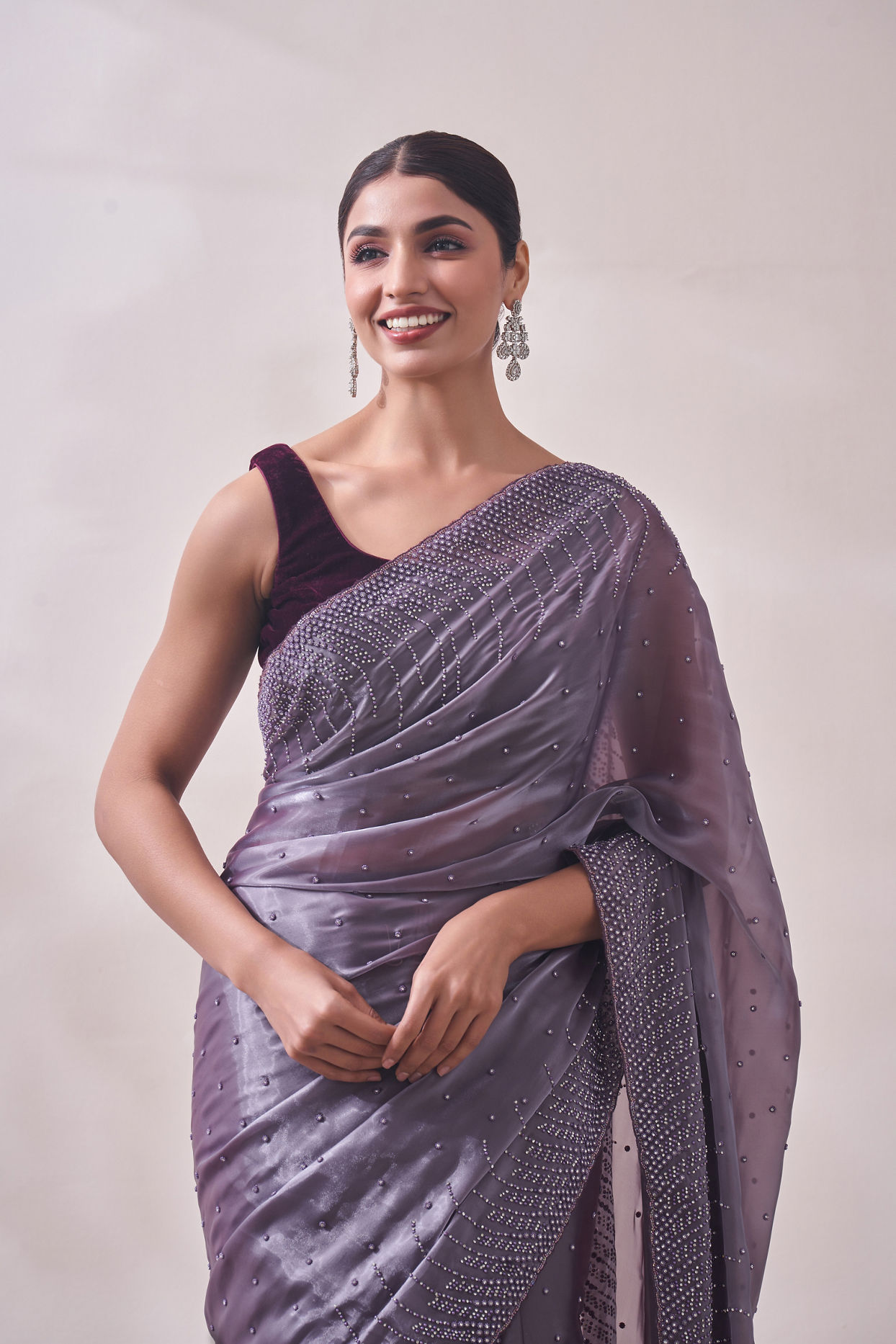 Buy Lilac Stone Embellished Saree Online in the USA @Mohey - Saree for ...