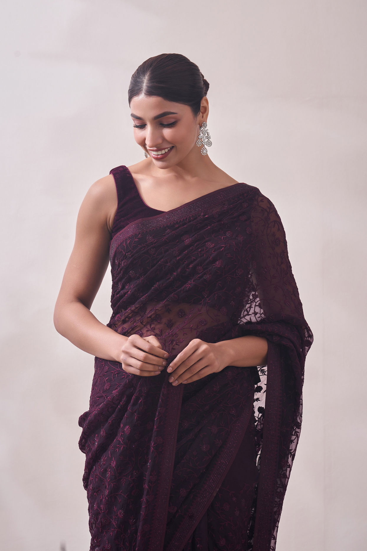 Buy Dark Magenta Embroidered Organza Saree Online in India @Mohey ...