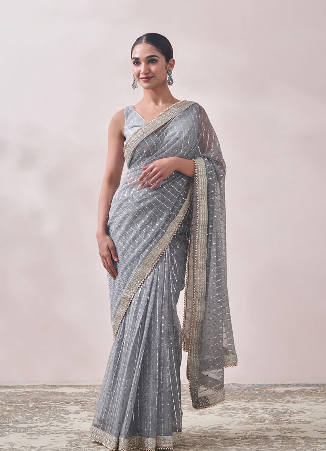 Saree for Women - Buy Light Grey Mirror Work Saree Online @Mohey