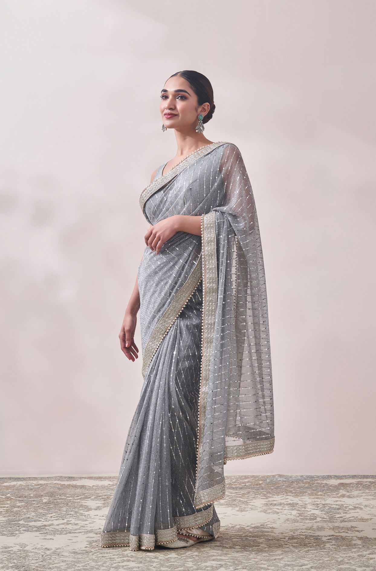 Buy Light Grey Mirror Work Saree Online in the UK @Mohey - Saree for Women