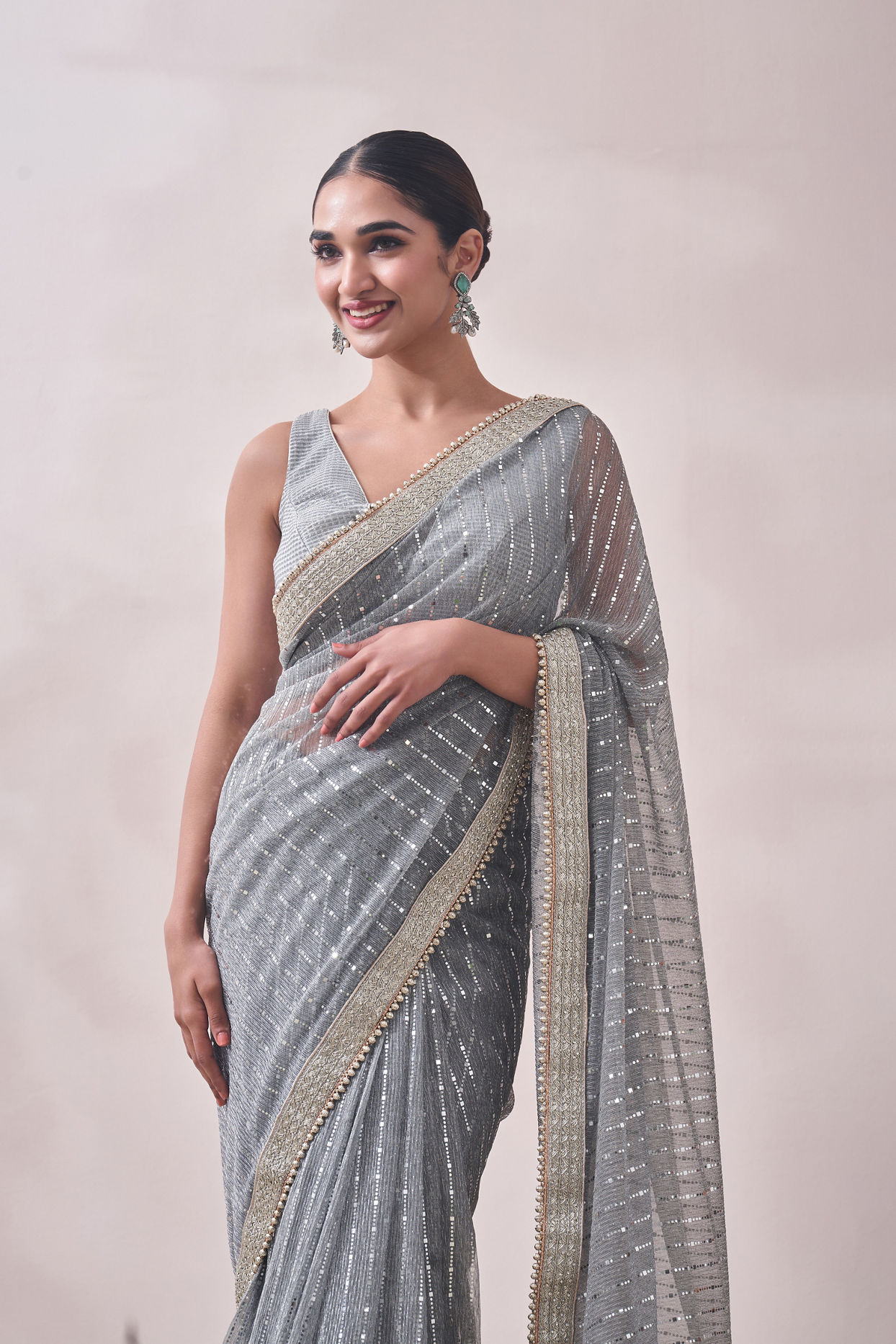 Buy Light Grey Mirror Work Saree Online in India @Mohey - Saree for Women
