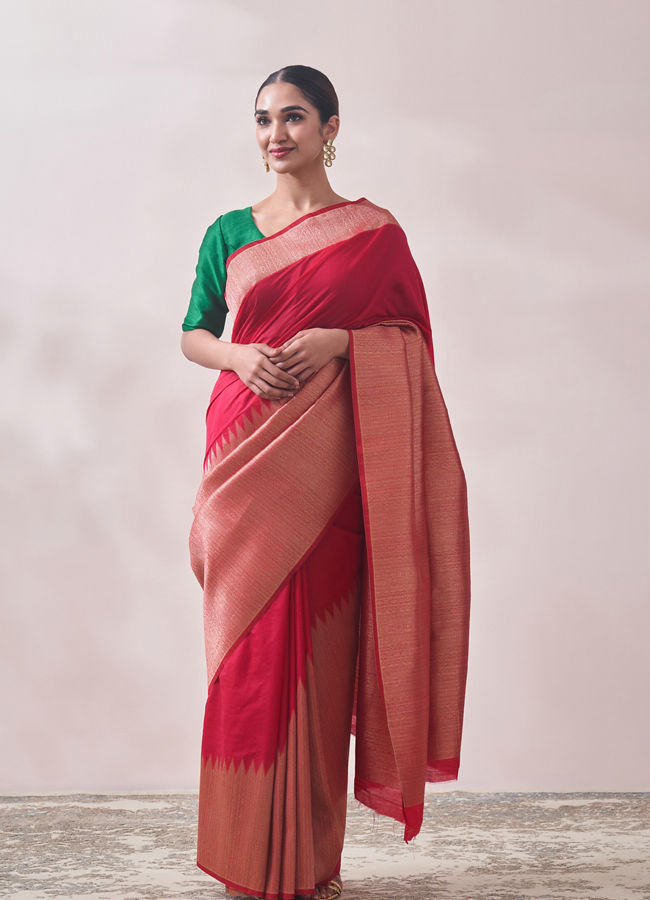 Buy Rani Pink Patterned Saree Online in the USA @Mohey - Saree for Women
