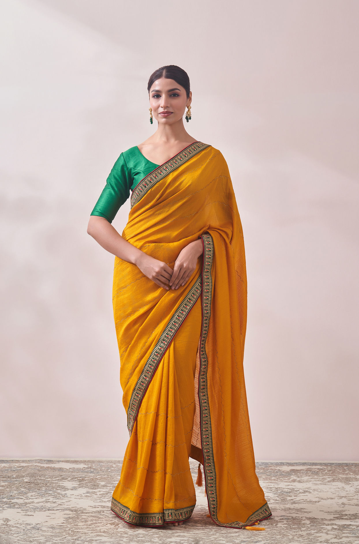 Buy Mustard Yellow Saree with Contrast Border Online in the USA @Mohey ...