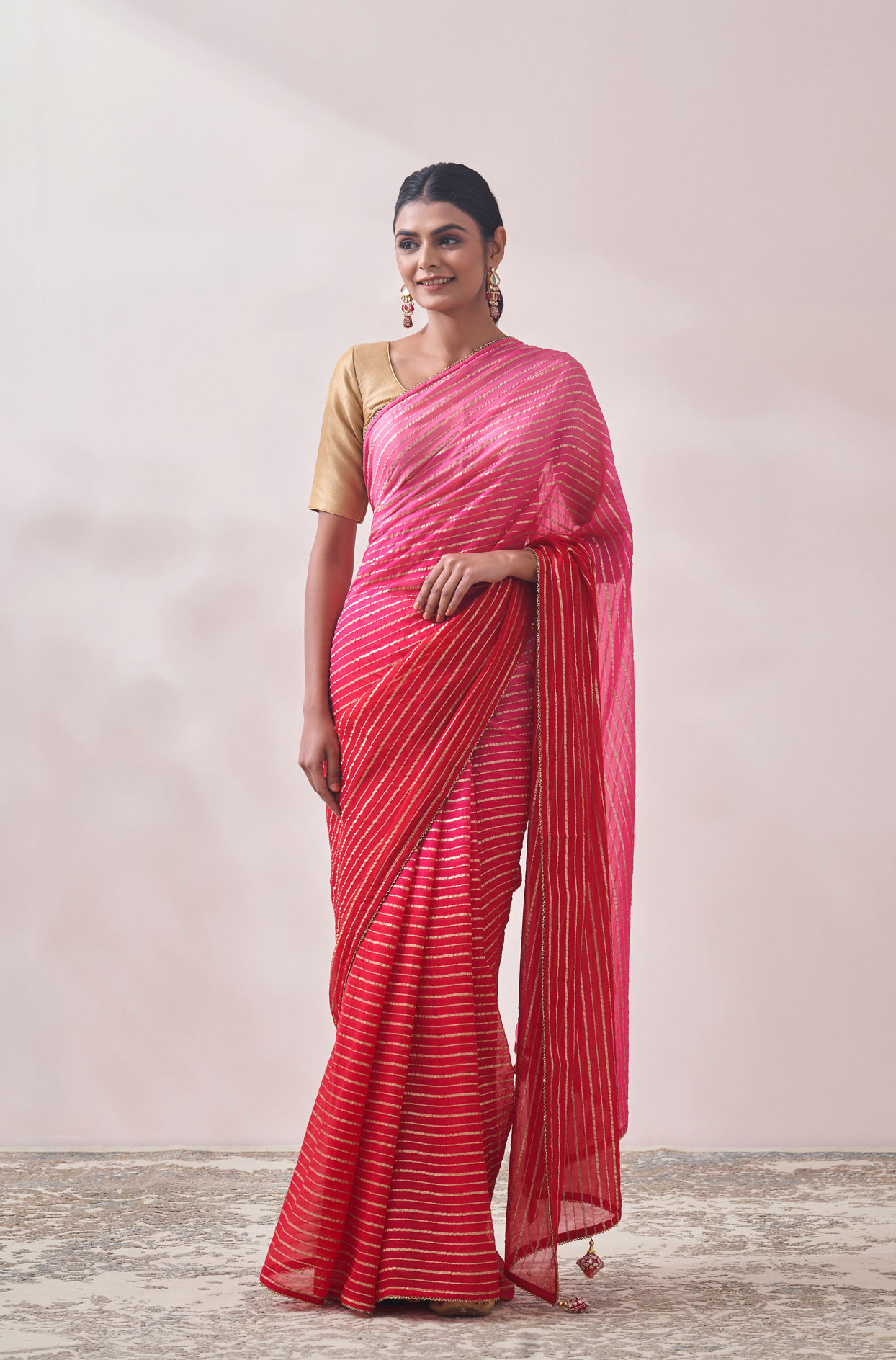 Buy Pink Golden Striped Saree Online in India @Mohey - Saree for Women