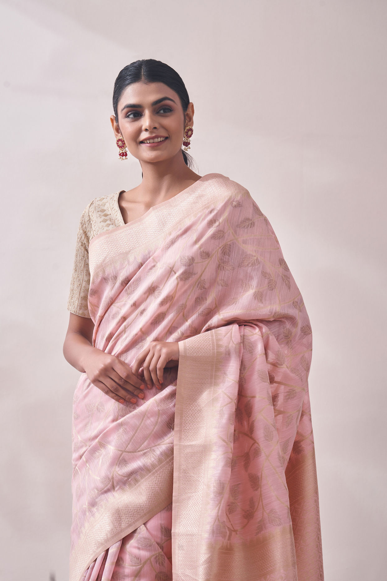 Buy Light Pink Printed Saree Online in the USA @Mohey - Saree for Women