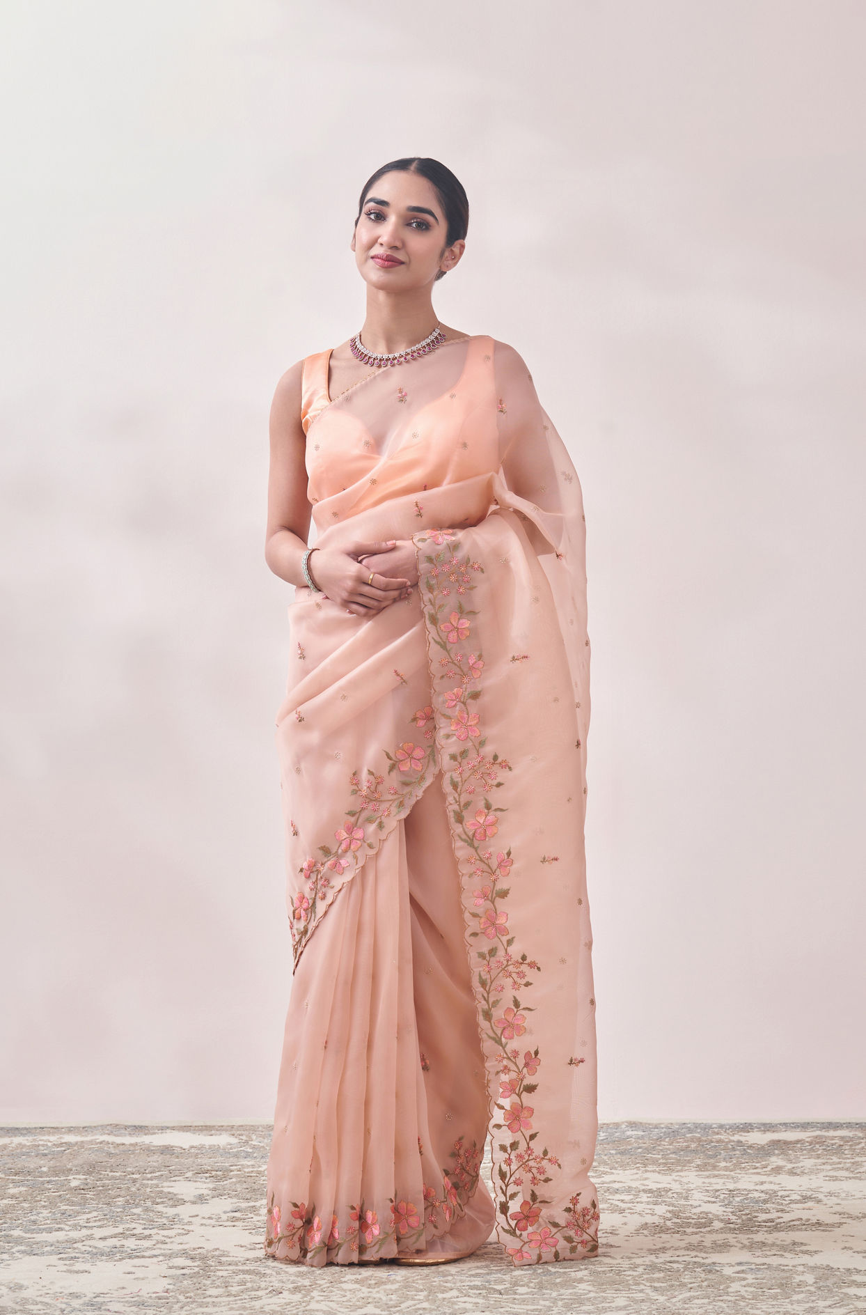 Buy Coral Floral Embroidered Organza Saree Online in the USA @Mohey ...