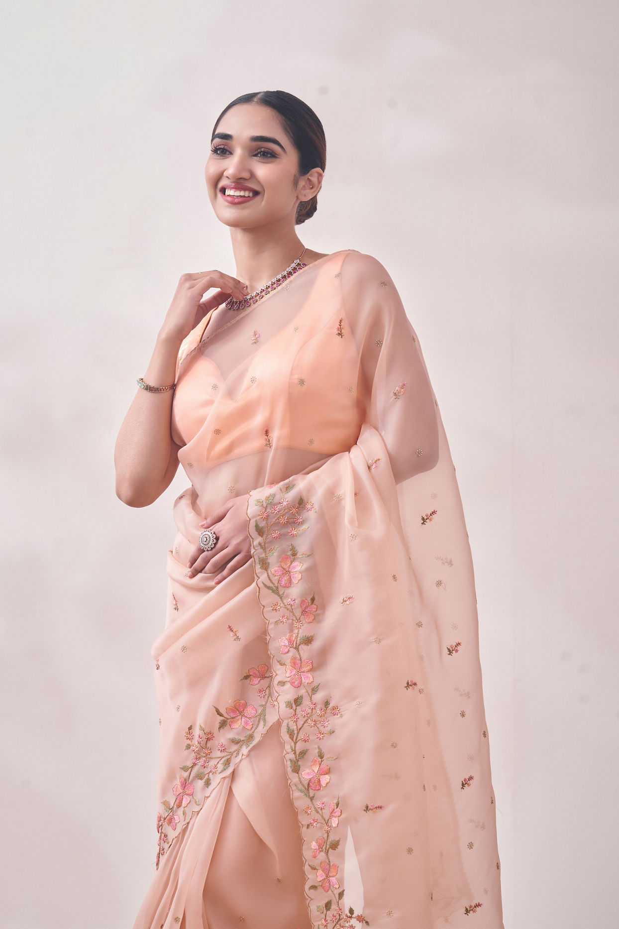 Buy Coral Floral Embroidered Organza Saree Online in the USA @Mohey ...