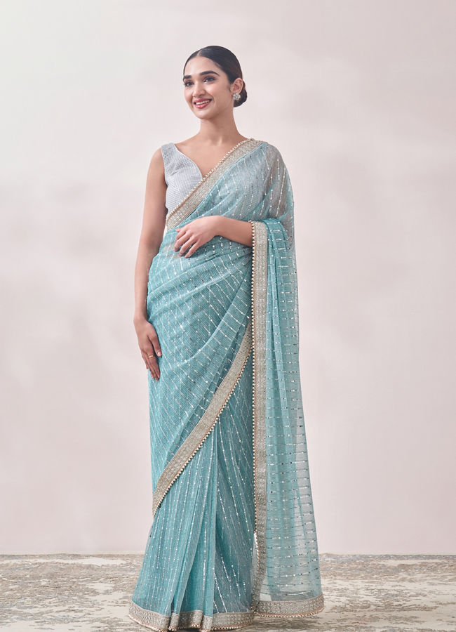Buy Aqua Blue Mirror work Saree Online in India @Mohey - Saree for Women