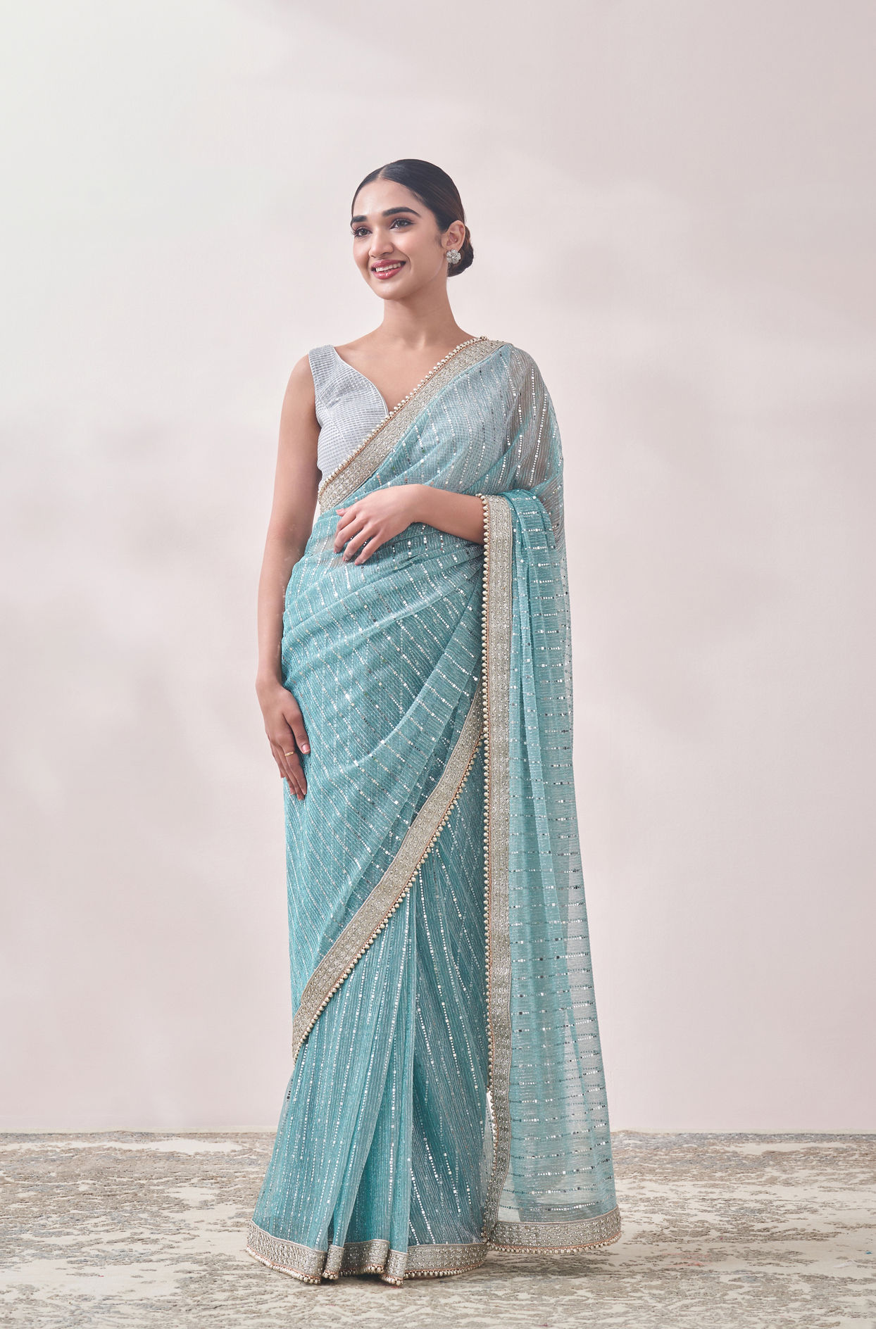 Buy Aqua Blue Mirror work Saree Online in the USA @Mohey - Saree for Women