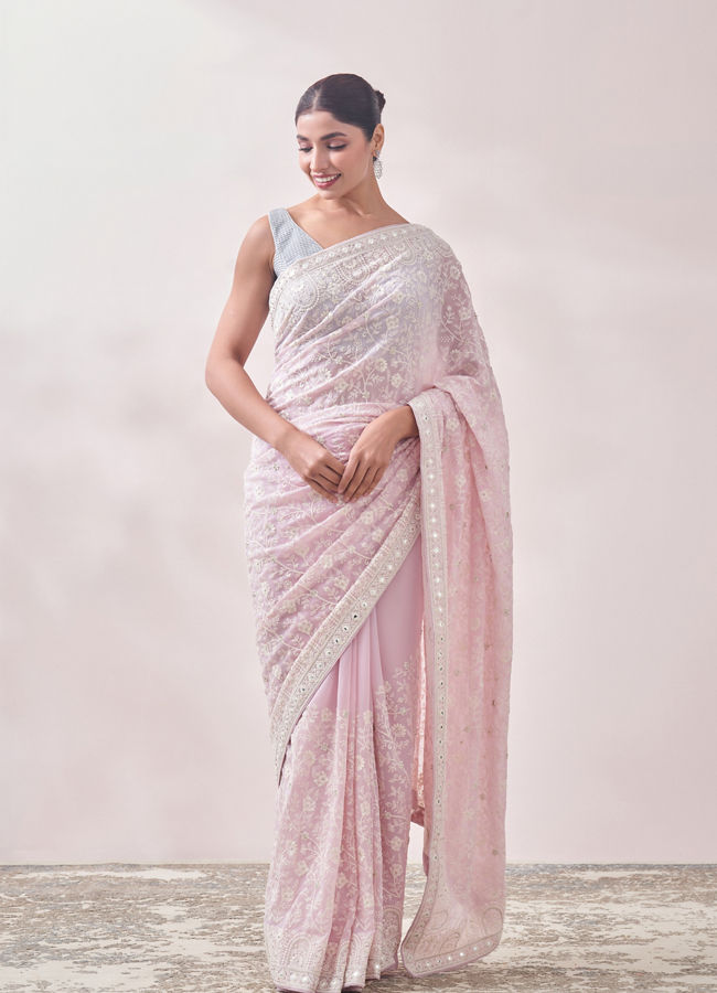 Buy Light Pink Self Embroidered Saree Online in the USA @Mohey - Saree ...