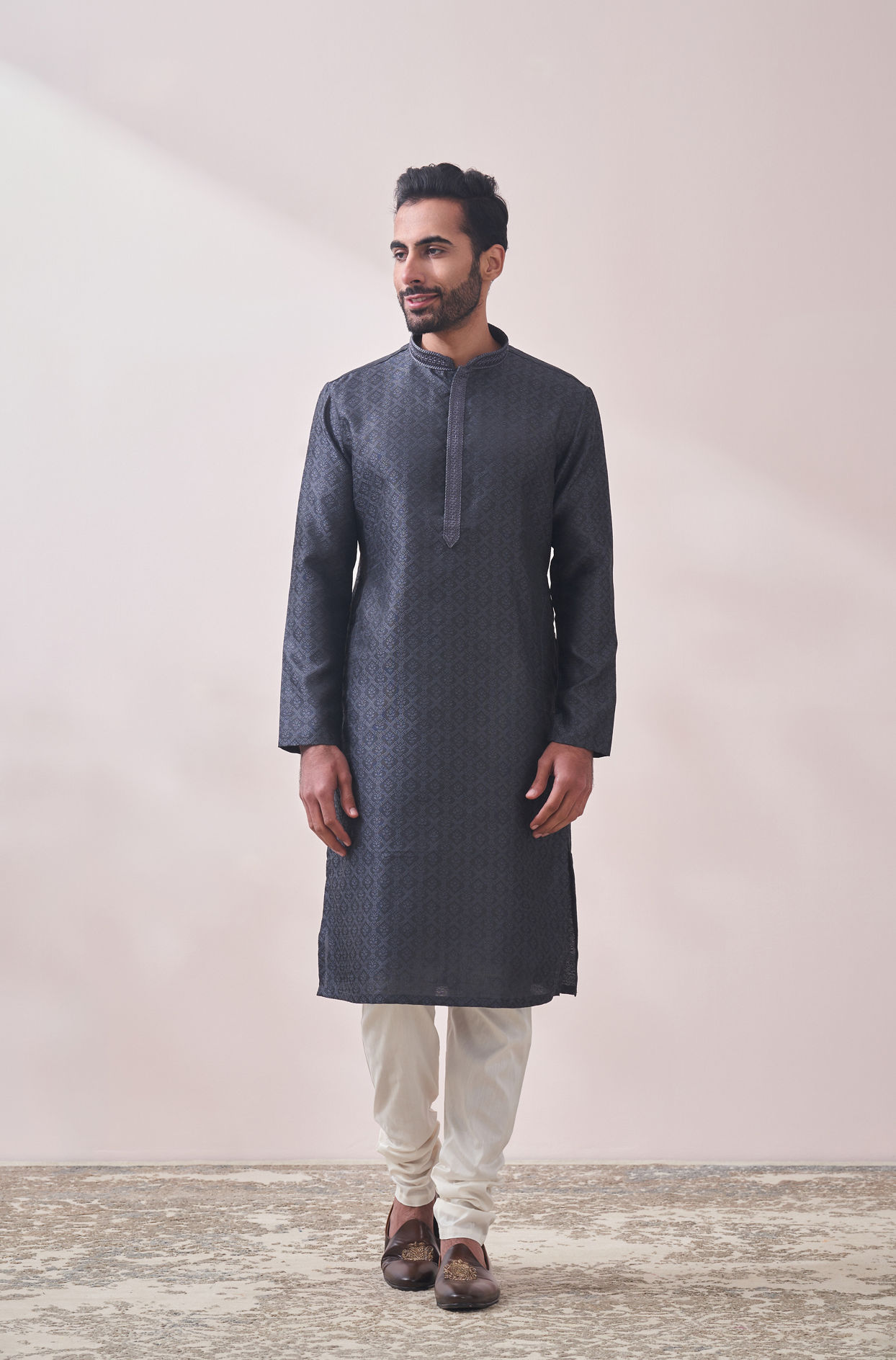 Buy Dusky Grey Jacquard Kurta Set Online in the USA @Manyavar - Kurta ...