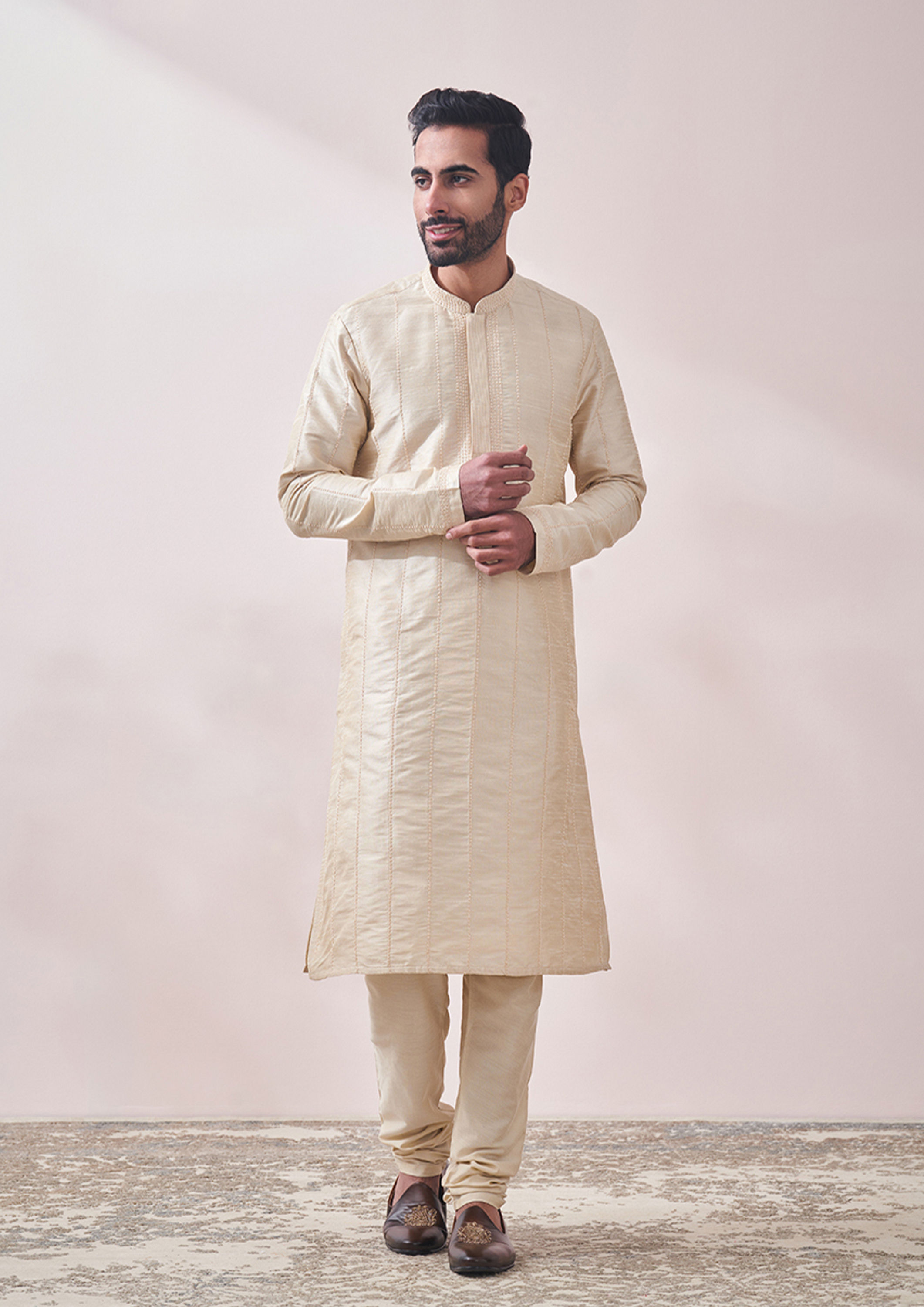 Buy Light Beige Self Design Kurta Set Online in India @Twamev - Kurta ...