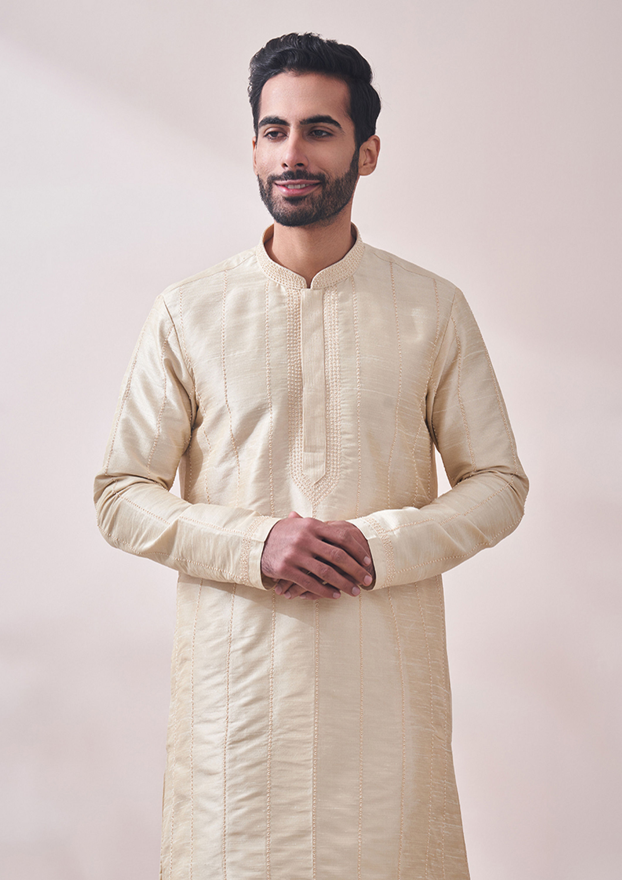 Buy Light Beige Self Design Kurta Set Online in India @Twamev - Kurta ...