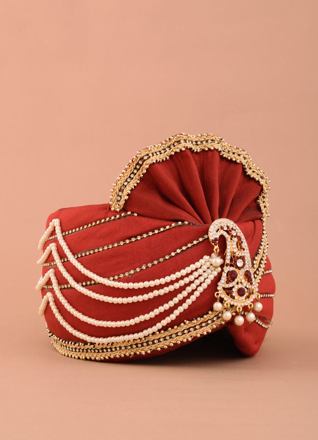 Buy Aurora Red Safa with Embellished Paisley Brooch Online in India ...