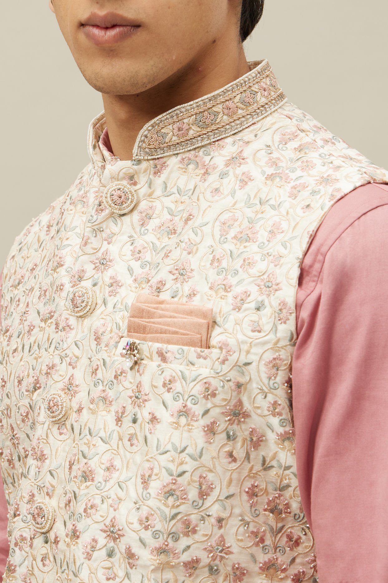 Buy Pearled Ivory White Floral Patterned Jacket Set Online in India ...