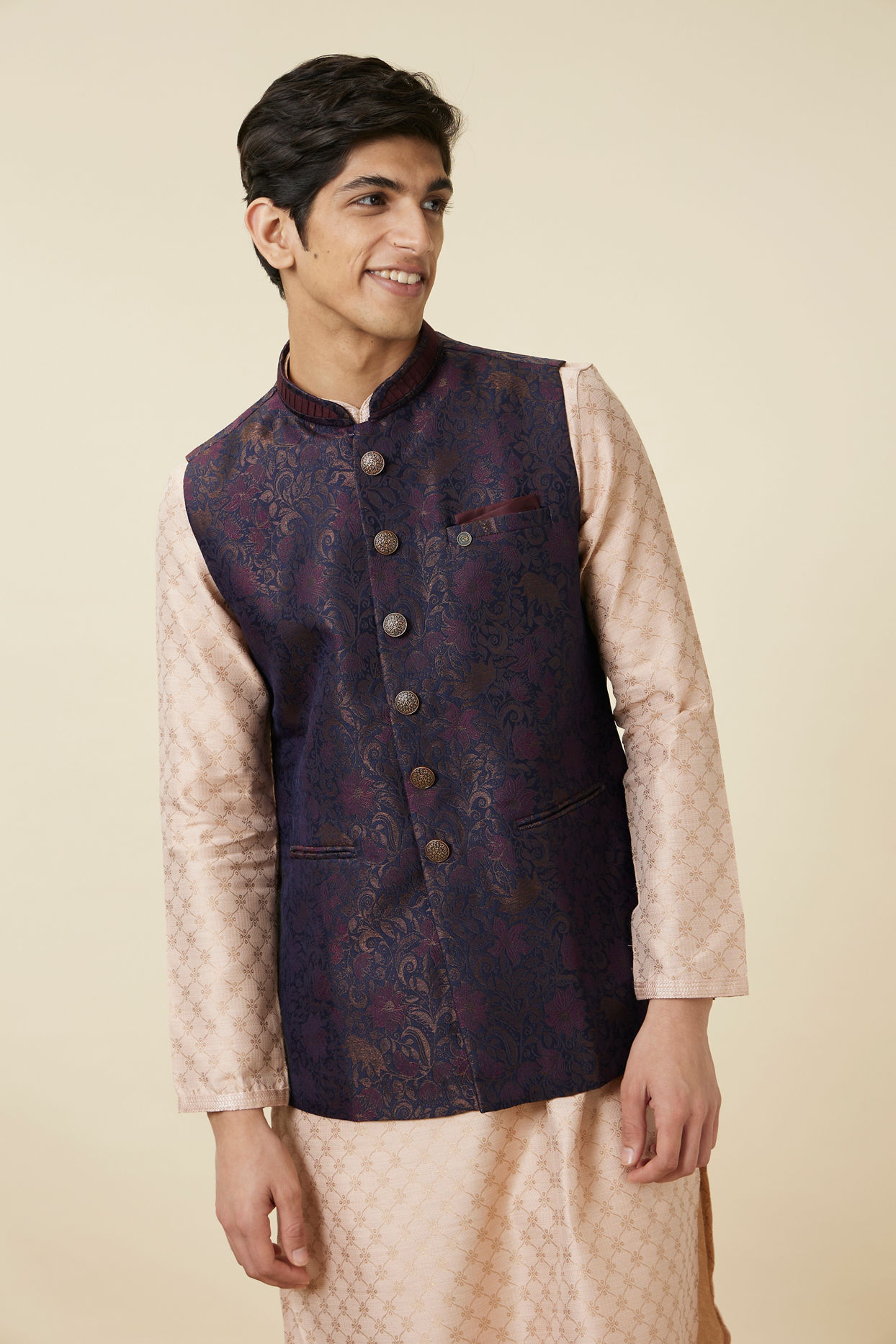 Buy Dark Sapphire Blue Bel Buti Patterned Waistcoat Online in India ...