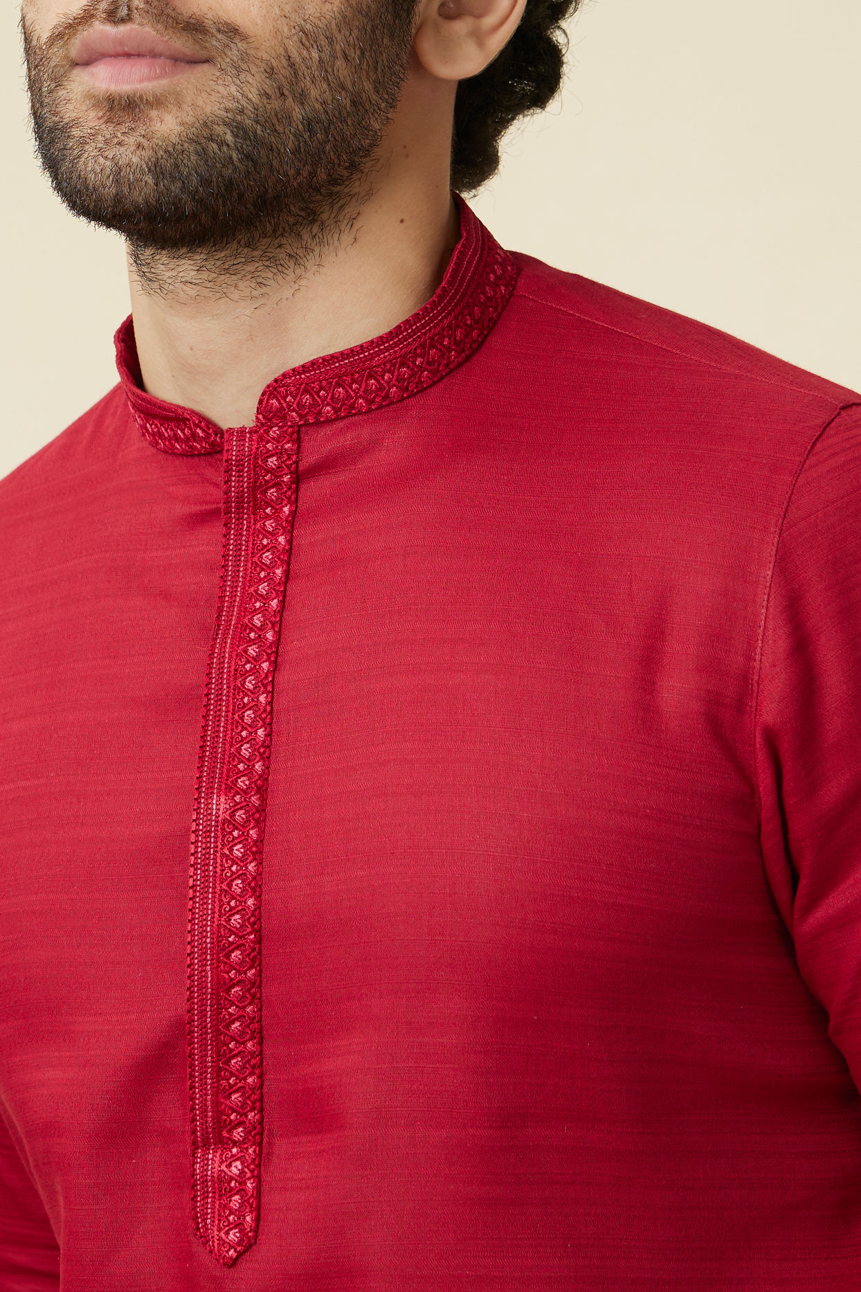 Buy True Red Embroidered Neckline Kurta Set Online in India @Manyavar ...
