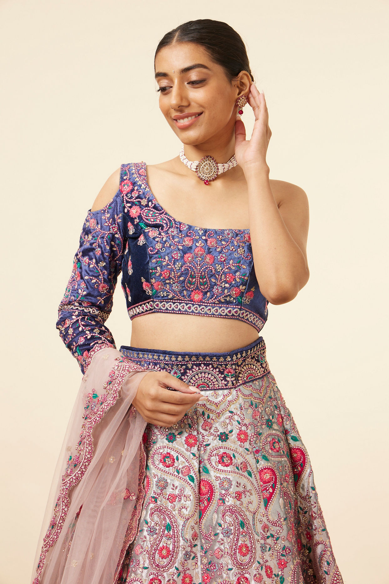 Buy Rosewater Pink Midnight Sapphire Blue Paisley Patterned Lahenga ...