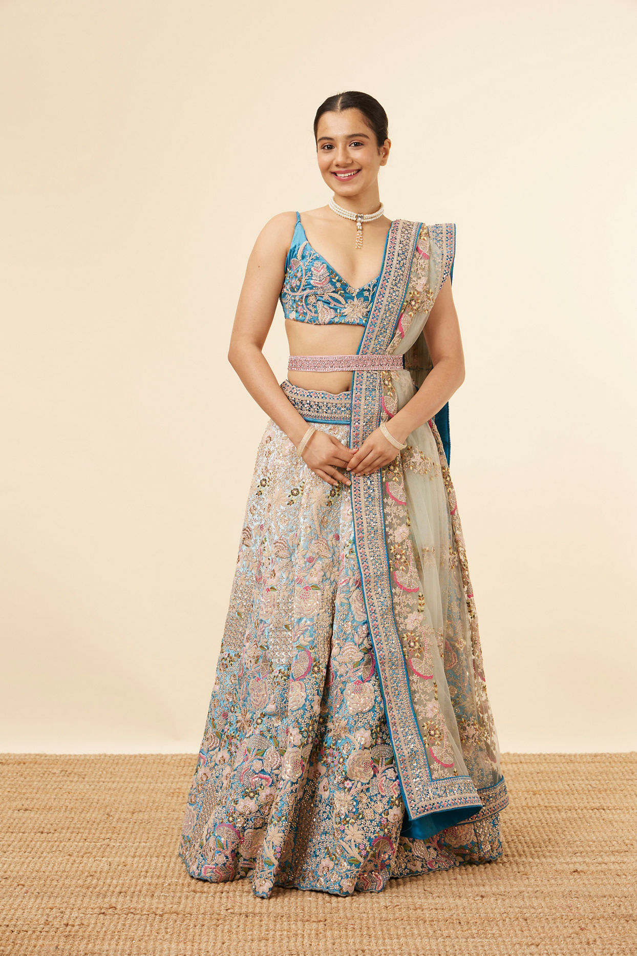 Buy Light Blue Velvet Embroidered Bridal Lehenga Online in India @Mohey ...