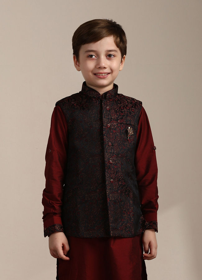 Buy Boys Maroon Kurta with Charcoal Black Paisley Printed Jacket Set ...
