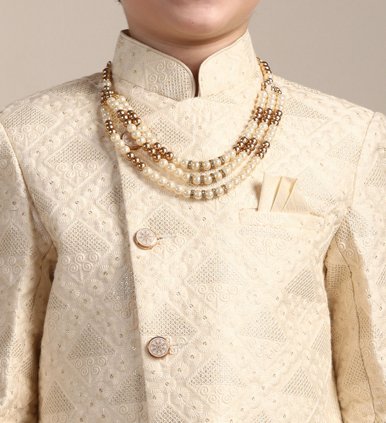 Buy Boys Cream Diamond Patterned Angrakha Style Indo Western Set Online ...