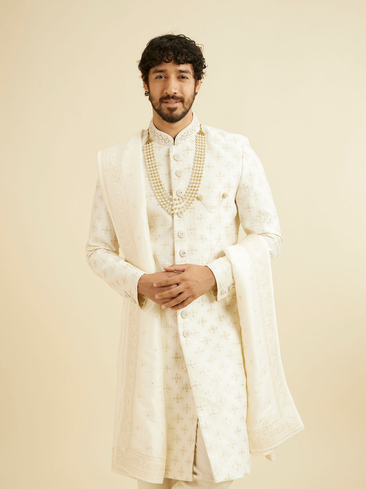 Buy Warm White Floral Self Patterned Sherwani Set Online in India ...