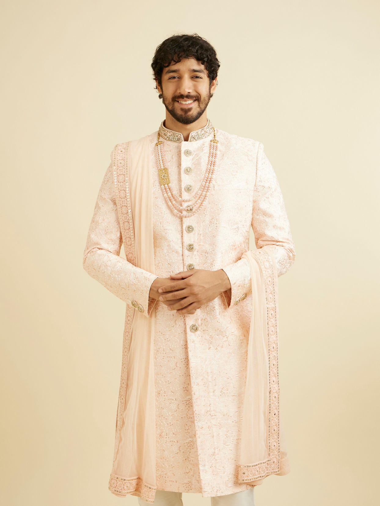 Buy Cherry Blossom Pink Floral Patterned Sherwani Set Online in India ...
