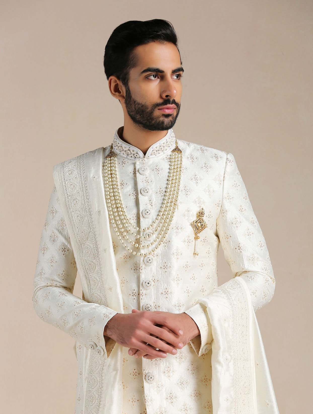 Buy Cream Floral Self Patterned Sherwani Online in India @Manyavar ...