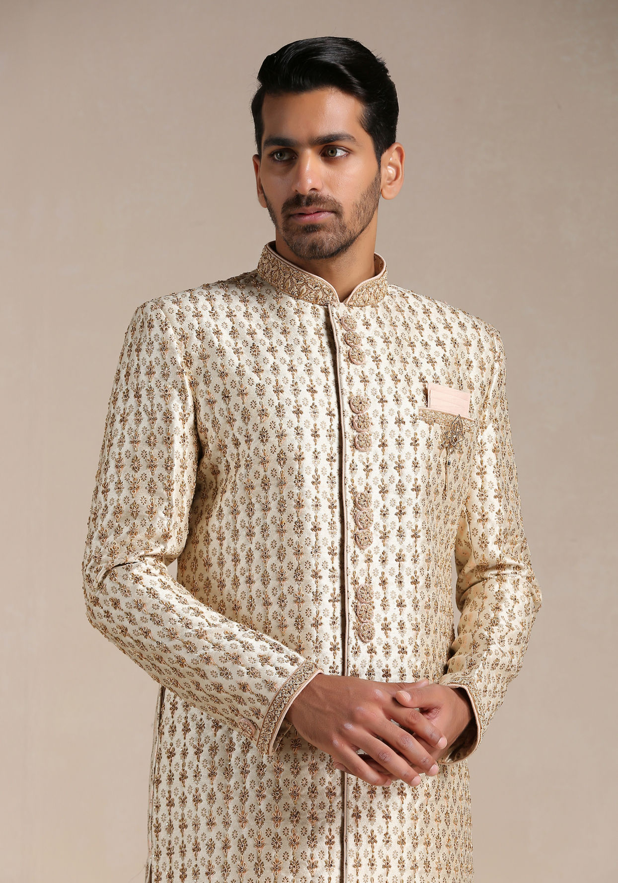 Buy Peach Cream Floral Patterned Sherwani Set Online in India @Manyavar ...