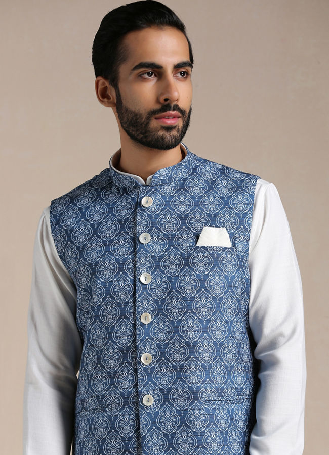 Buy Brilliant Blue Print Half Jacket Online in India @Manyavar - Nehru ...