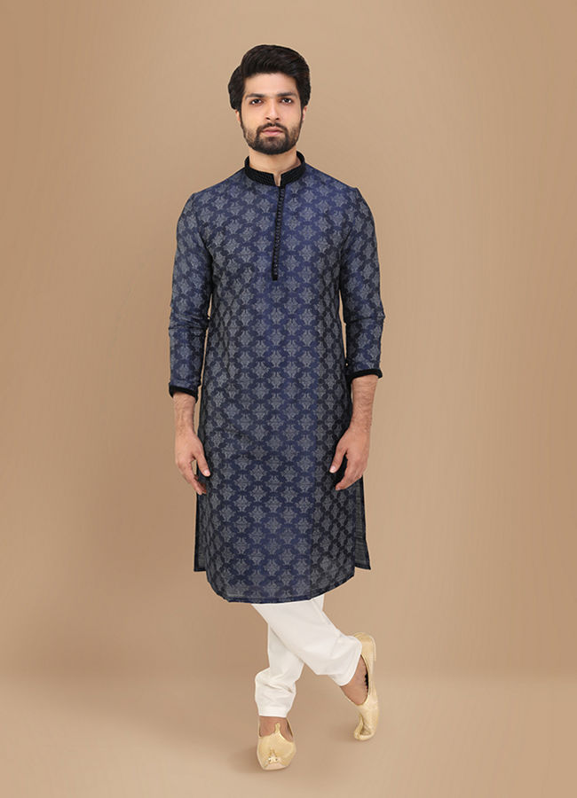 Buy Dark Blue Kurta Set With Black Collar And Cuff Online in India ...