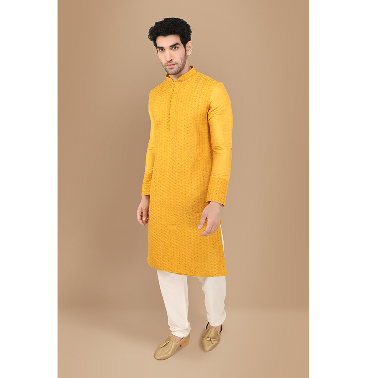 Buy Amber Yellow Self Design Kurta Set Online in India @Manyavar ...