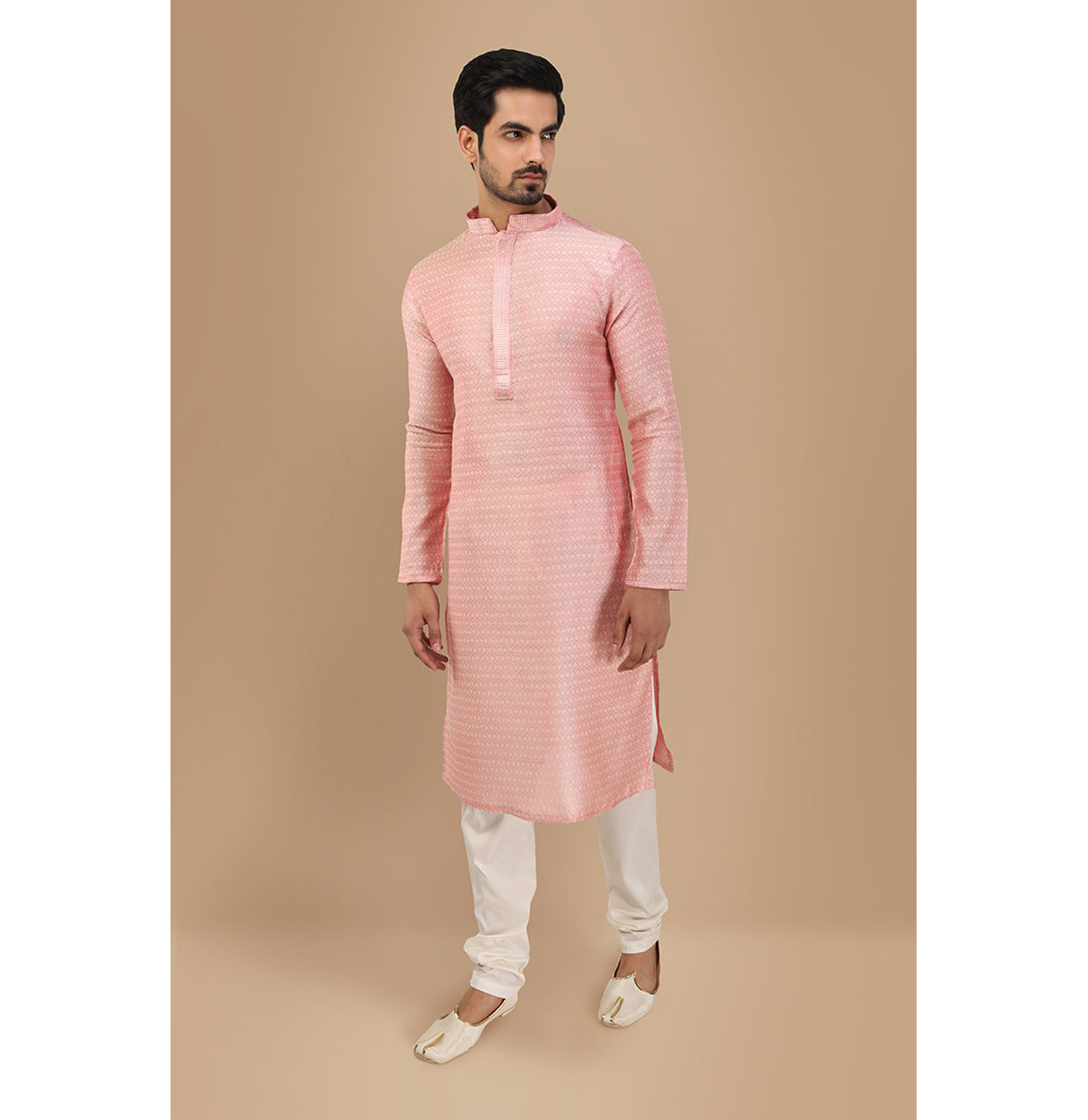 Buy Salmon Pink Self Texture Kurta Set Online in India @Manyavar ...