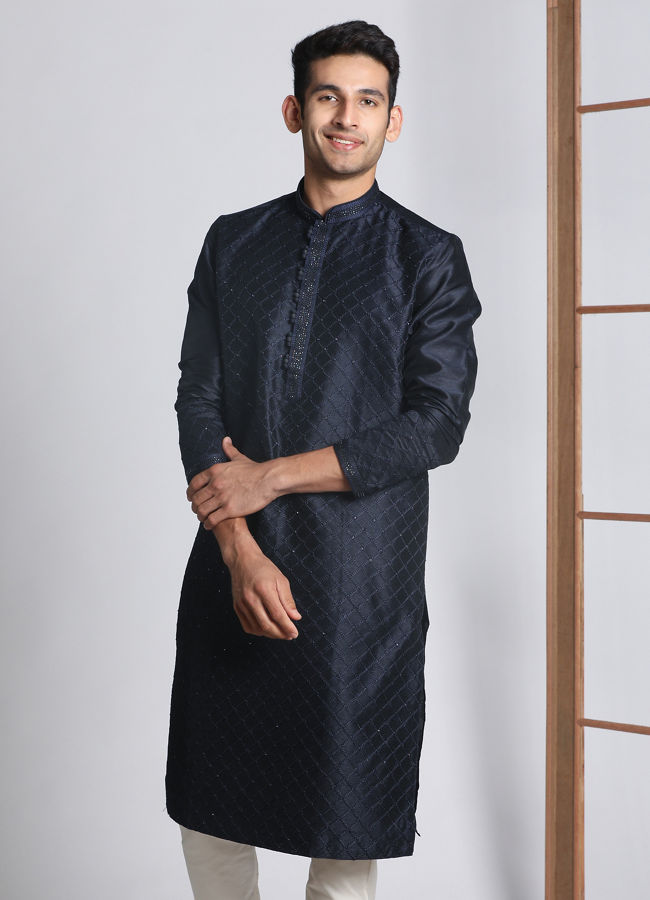 Buy Navy Blue Self Design Kurta Pajama Online in India @Manyavar ...