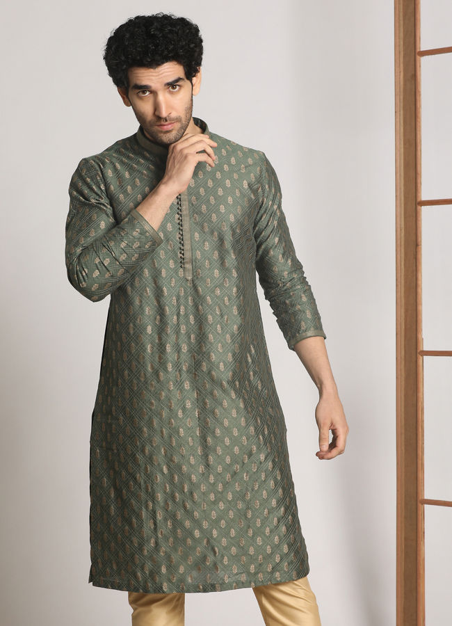 Buy Bottle Green Festive Kurta With Golden Motifs Online in the USA ...