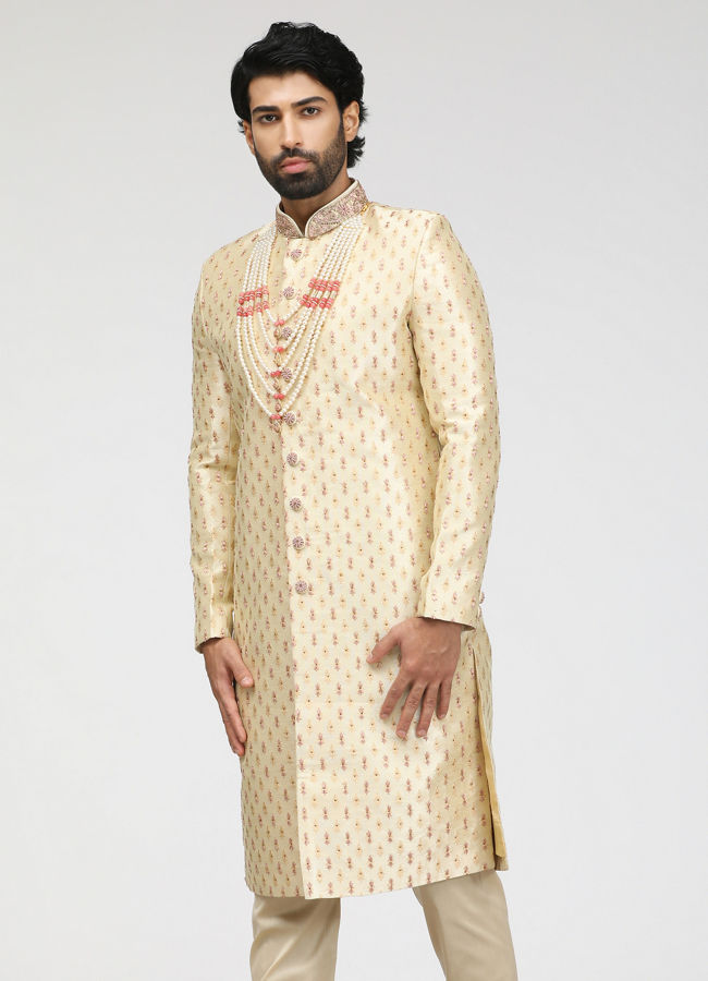 Sherwani for Men - Buy Beige Sherwani With Contrasting Motifs Online ...