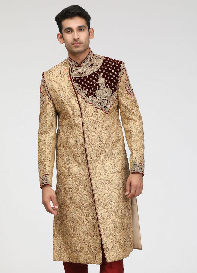 Buy Exquisitely Detailed Fawn Sherwani Online in the USA @Manyavar ...
