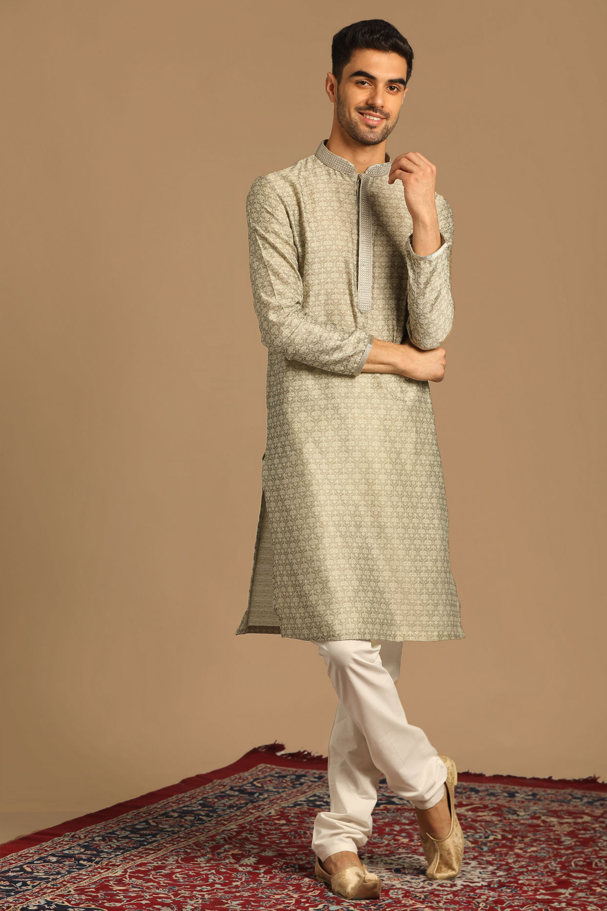 Buy Smoke Grey Self Design Kurta Set Online in the USA @Manyavar ...