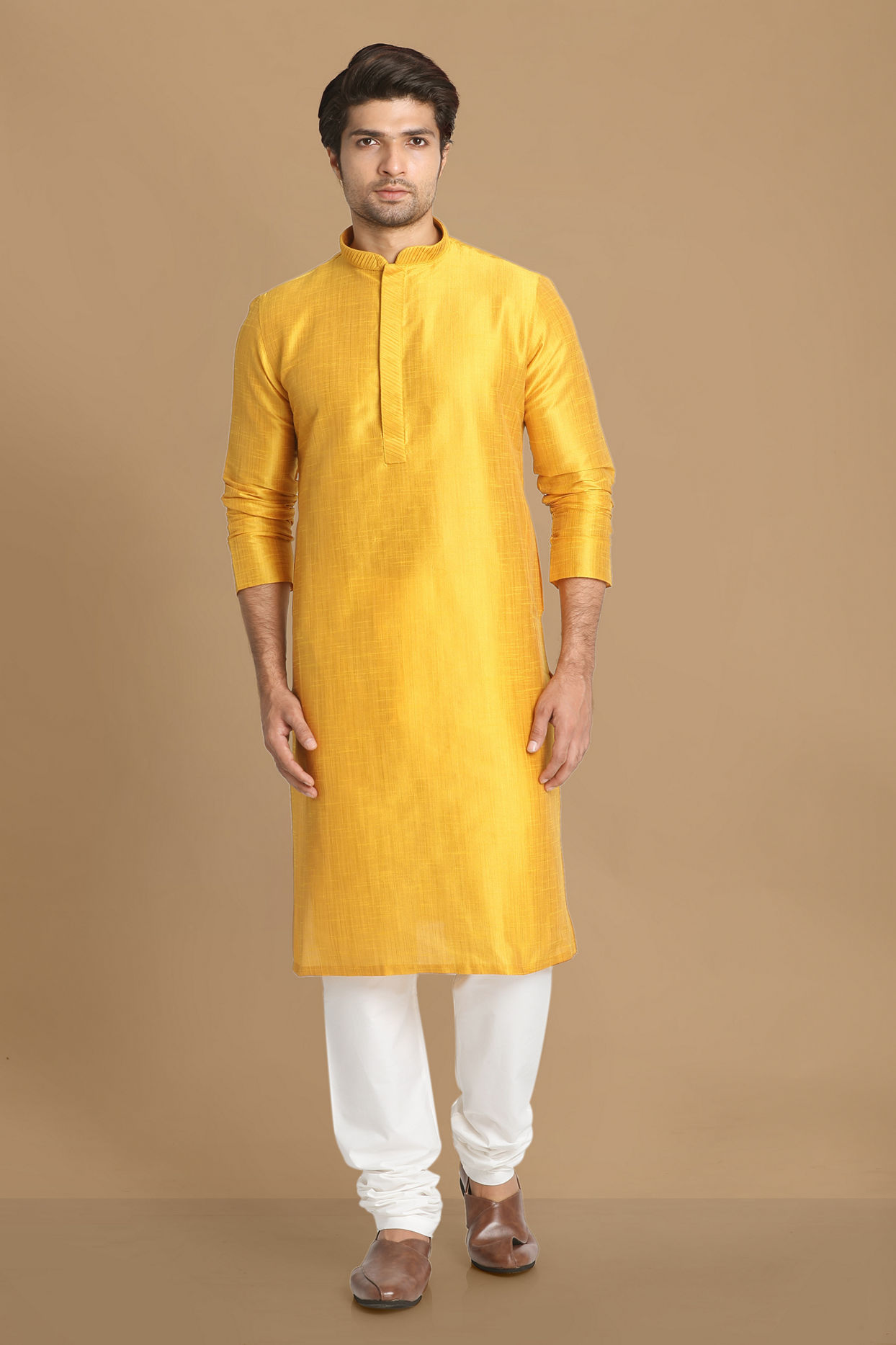 Buy Golden Yellow Solid Kurta Set Online in India @Manyavar - Kurta ...