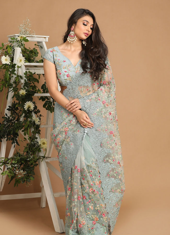 Buy Light Blue Net Saree Online in the USA @Mohey - Saree for Women