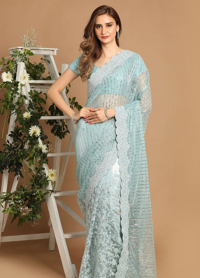 Buy Light Blue Net Saree Online in India @Mohey - Saree for Women