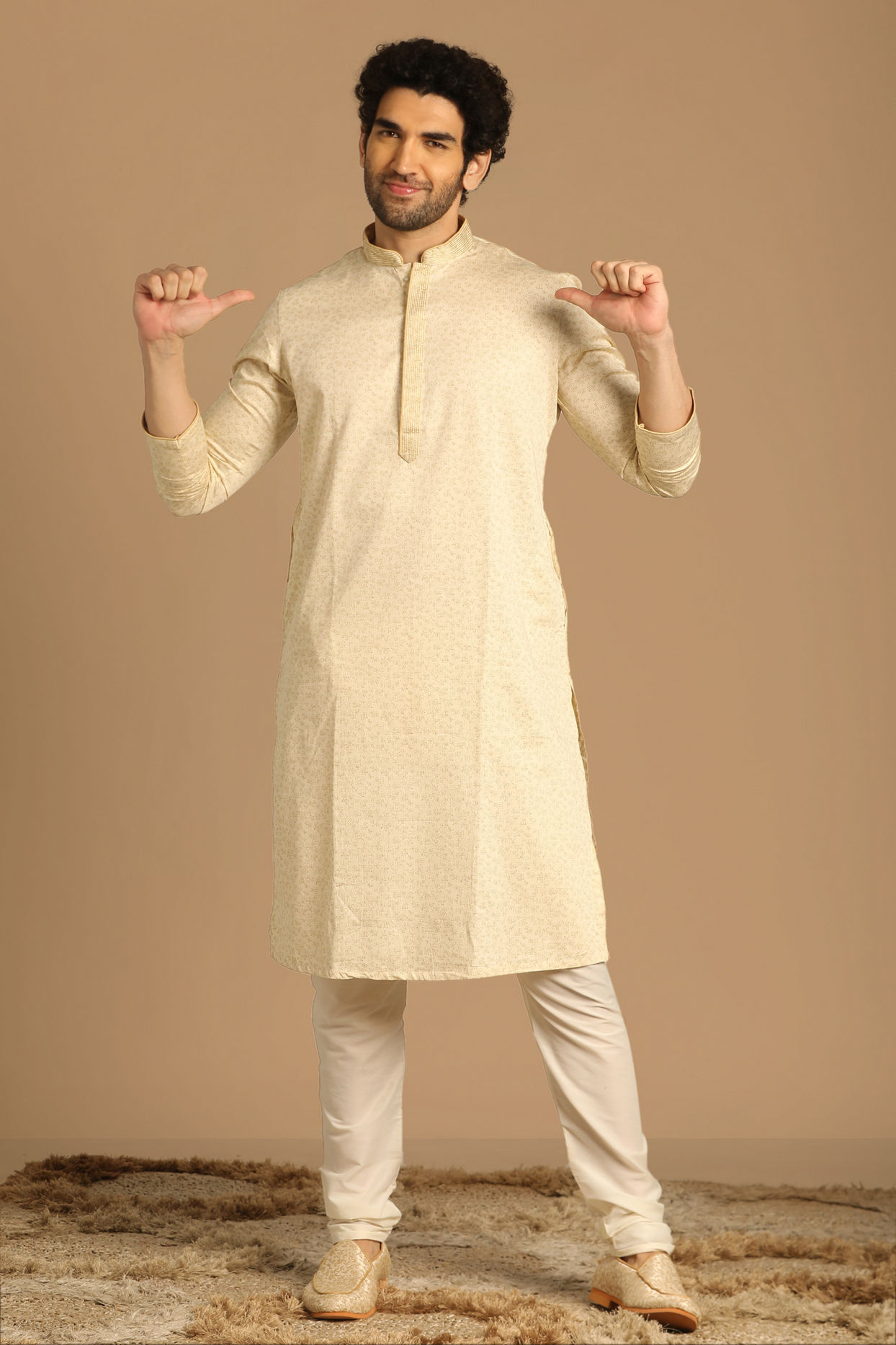 Buy Printed Work Cream Kurta Set Online in the UK @Manyavar - Kurta ...