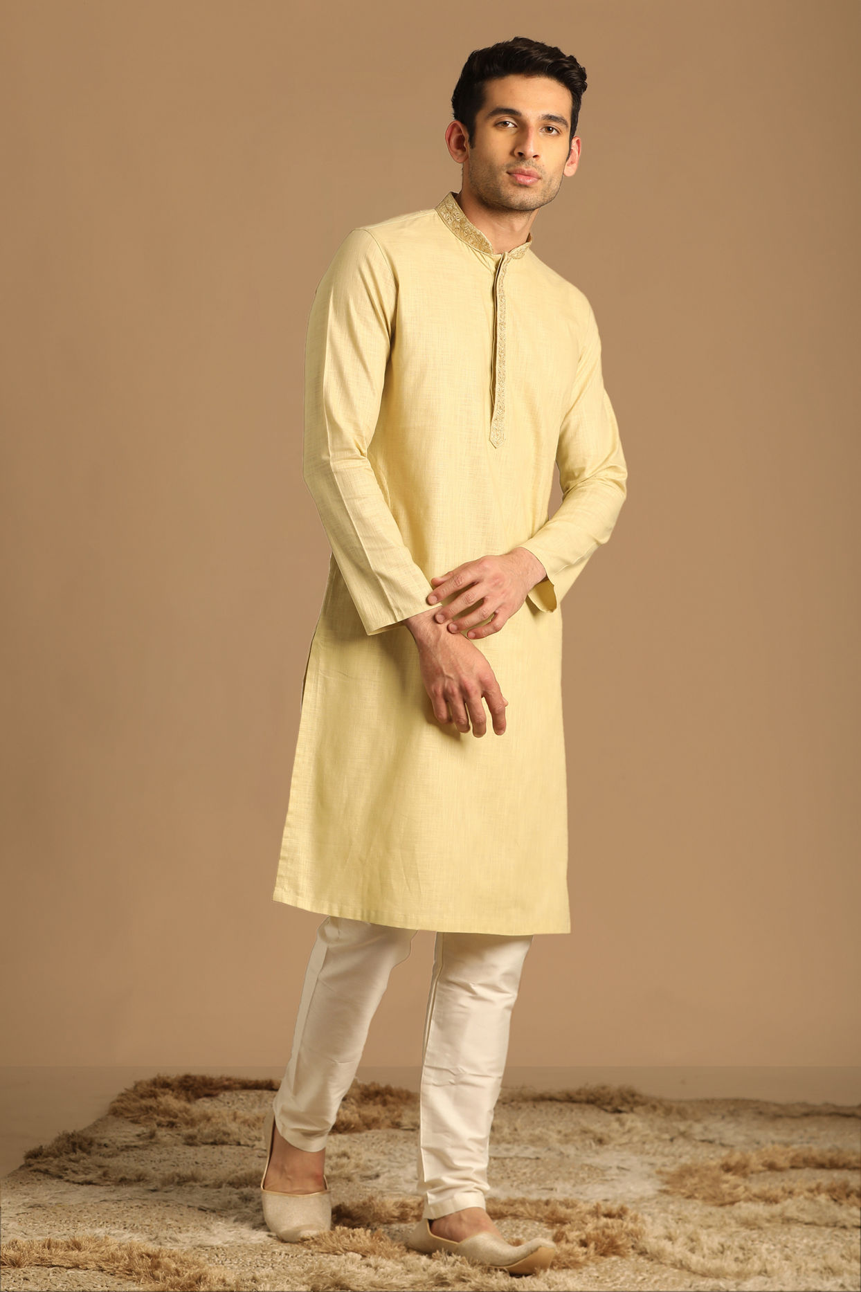 Buy Beige Solid Kurta Set Online in India @Manyavar - Kurta Pajama for Men