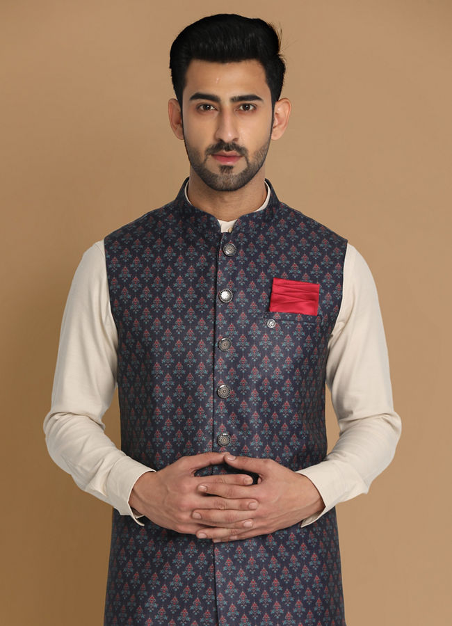 Buy Navy Blue Printed Modi Jacket Online in India @Manyavar - Nehru ...