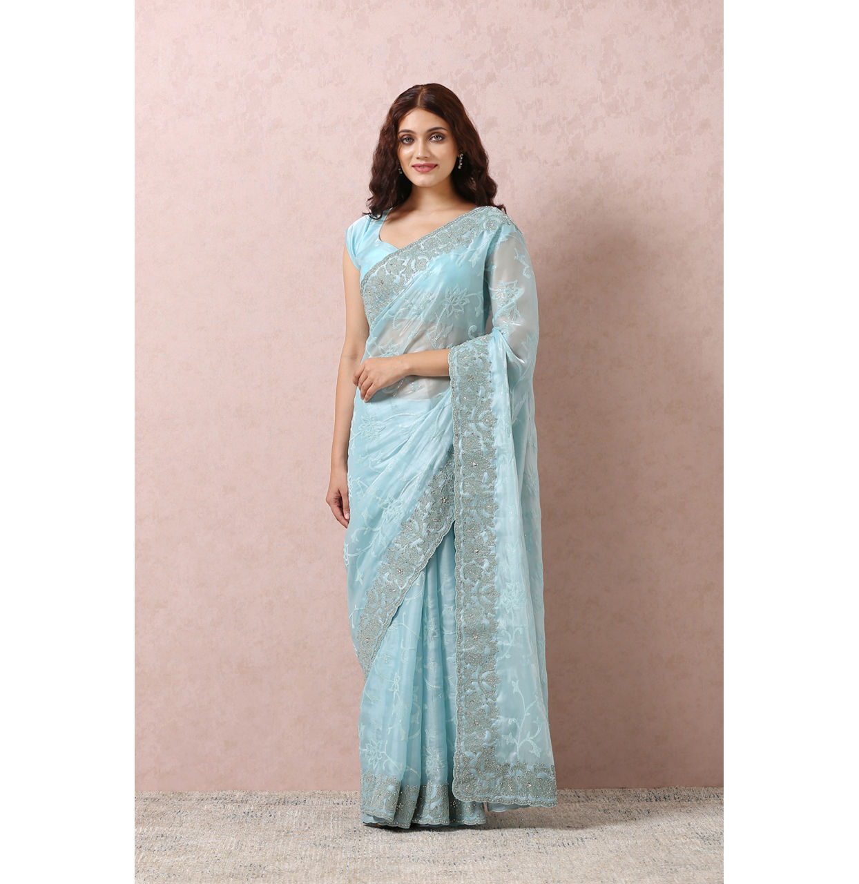 Buy Light Blue Organza Saree With Mirror Border Online in the USA ...