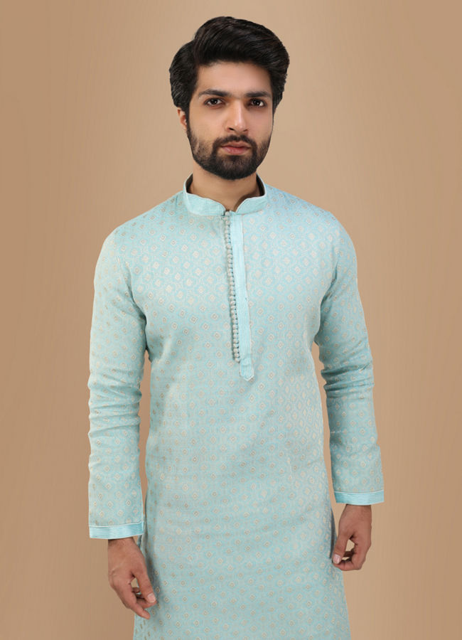 Buy Powder Blue Self Design Kurta Set Online in the USA @Manyavar ...