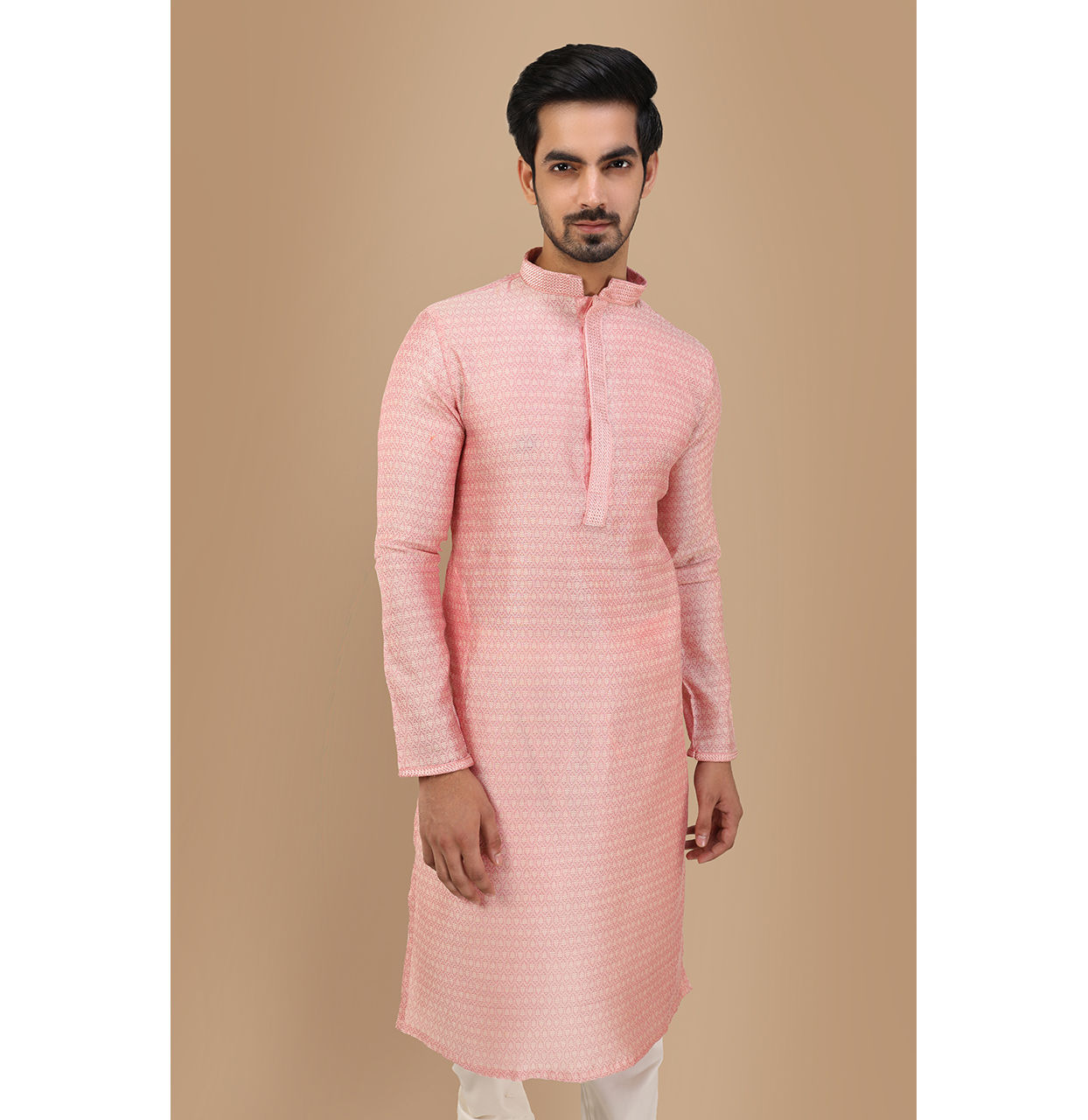 Buy Salmon Pink Self Texture Kurta Set Online in India @Manyavar ...