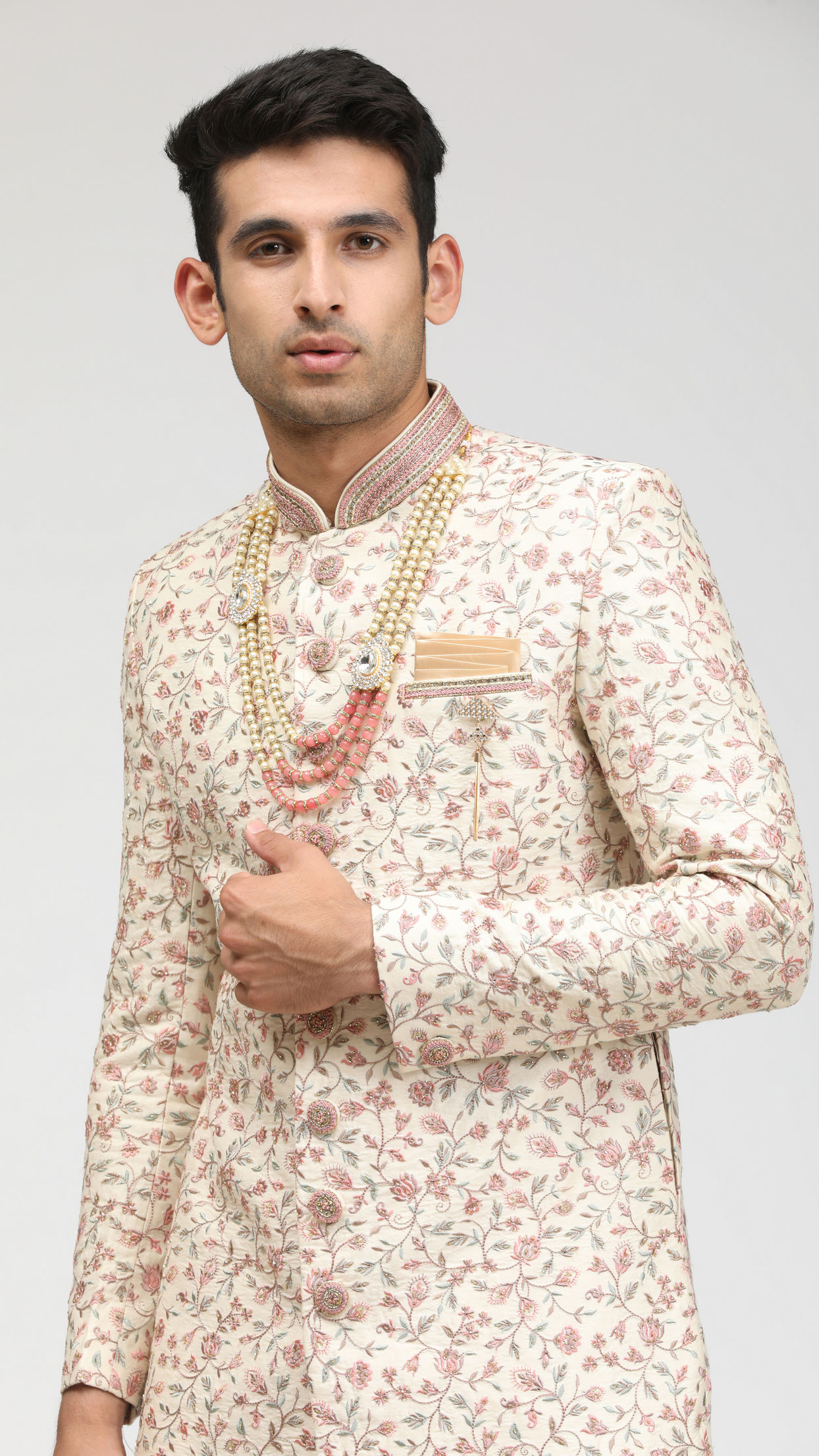 Buy Ivory Cream Sherwani with Floral Motifs Online in India @Manyavar ...