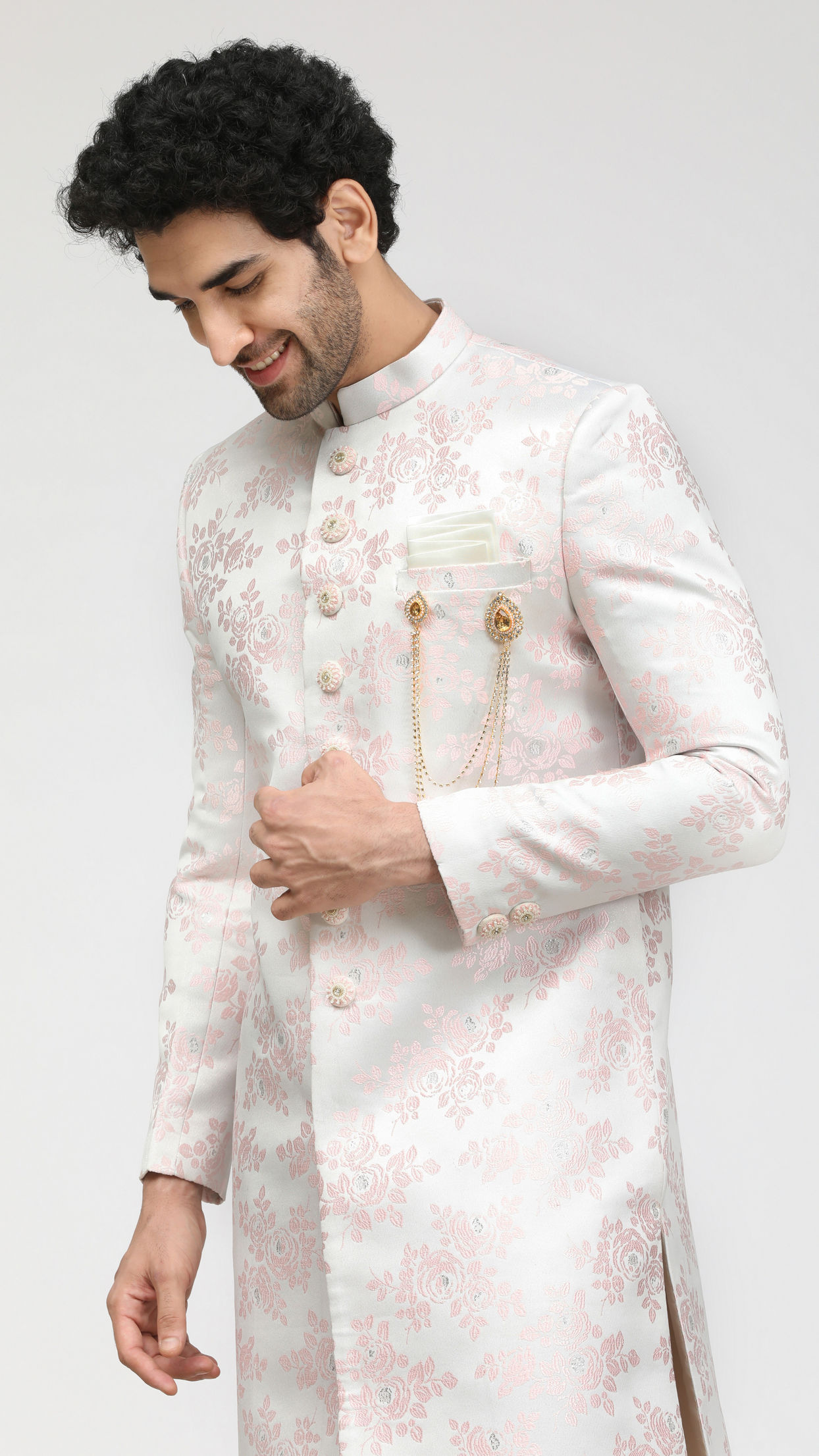 Buy Faded Pink Sherwani With Floral Motifs Online in India @Manyavar ...