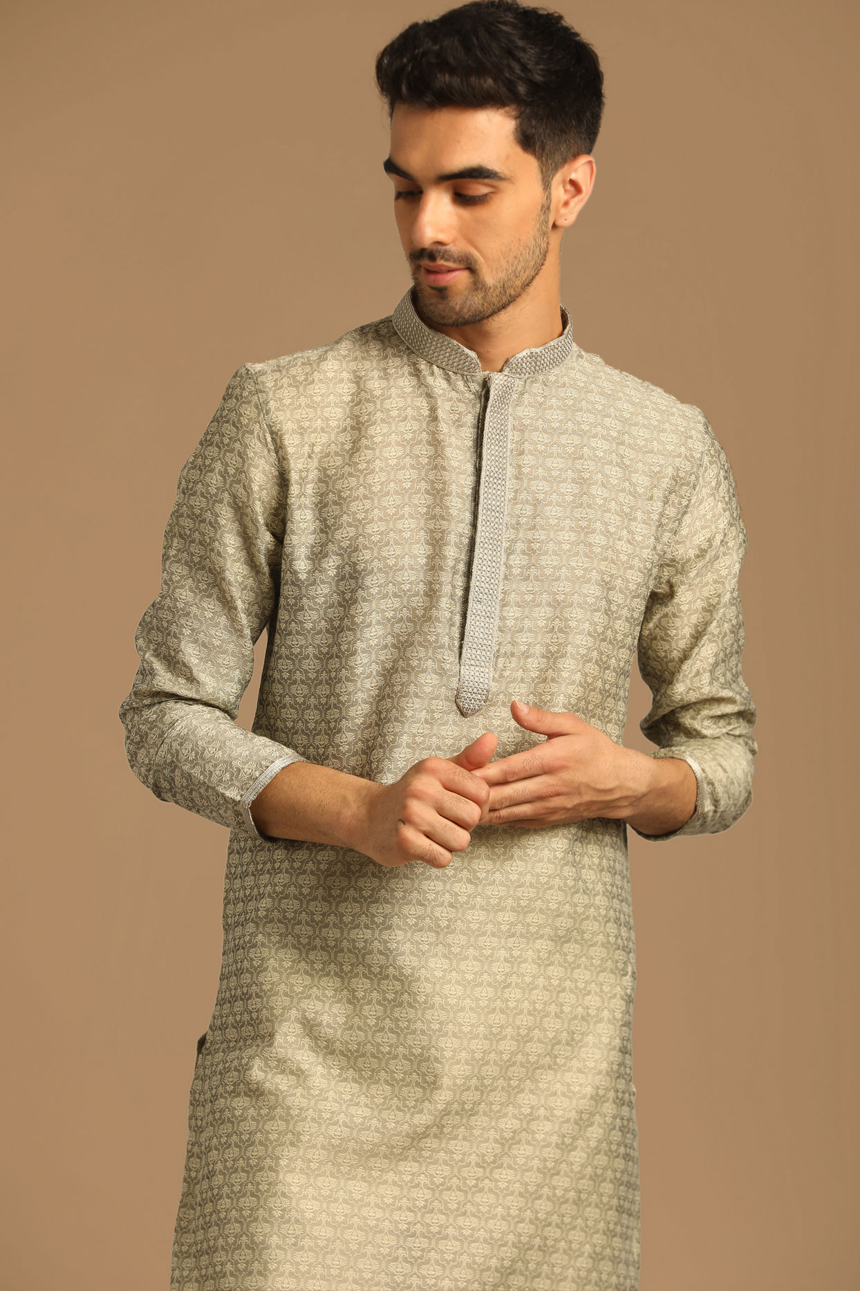 Buy Smoke Grey Self Design Kurta Set Online in the USA @Manyavar ...